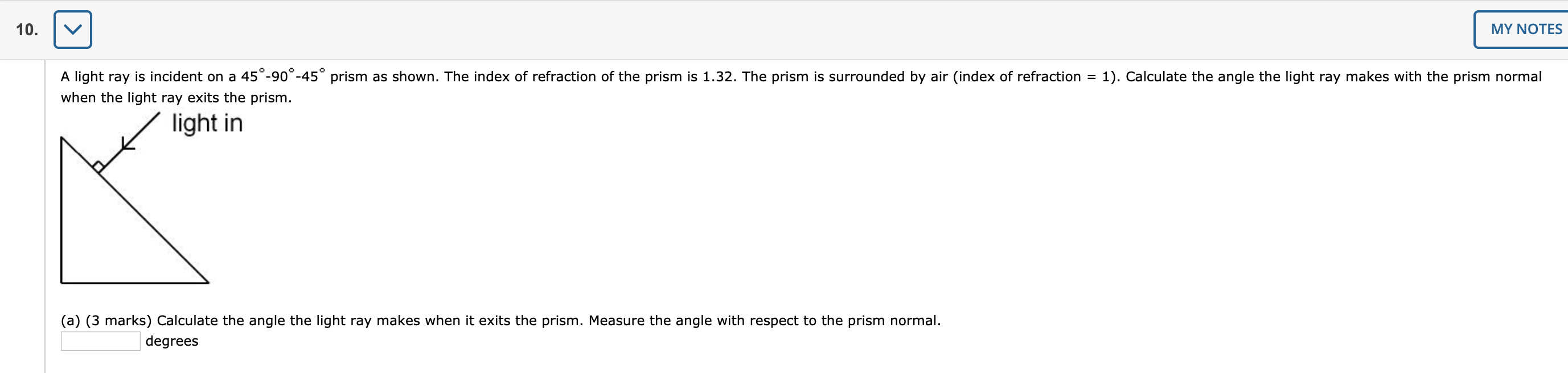 Solved 10. V MY NOTES A light ray is incident on a | Chegg.com