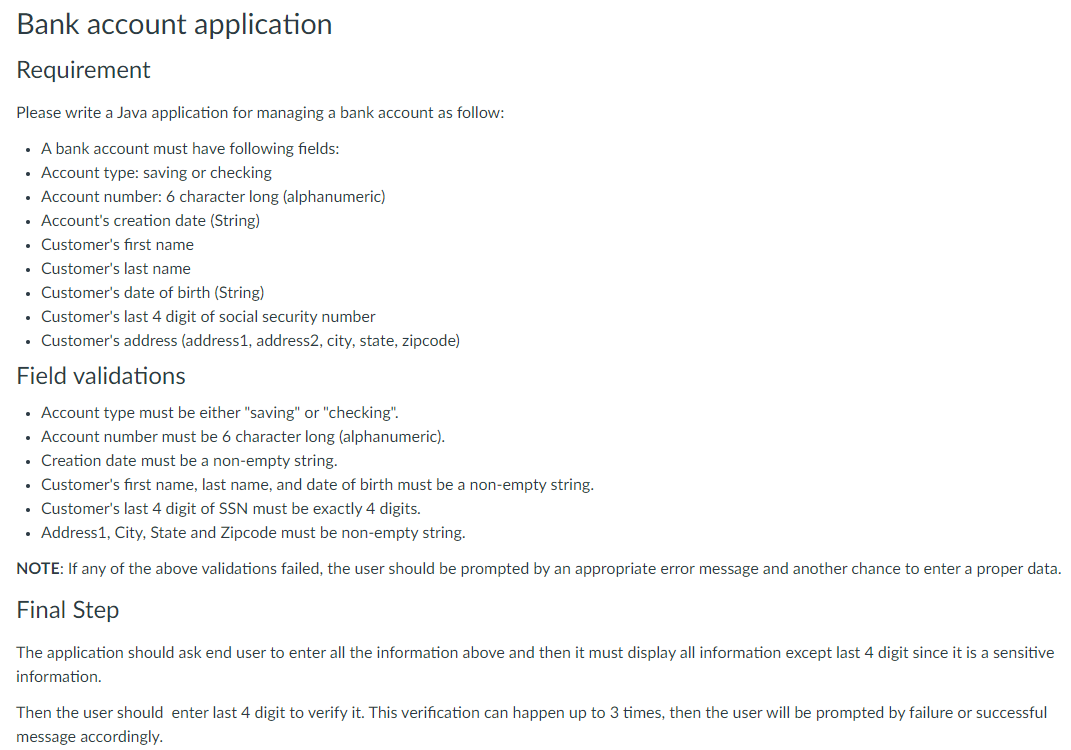 Solved Bank account application Requirement Please write a | Chegg.com
