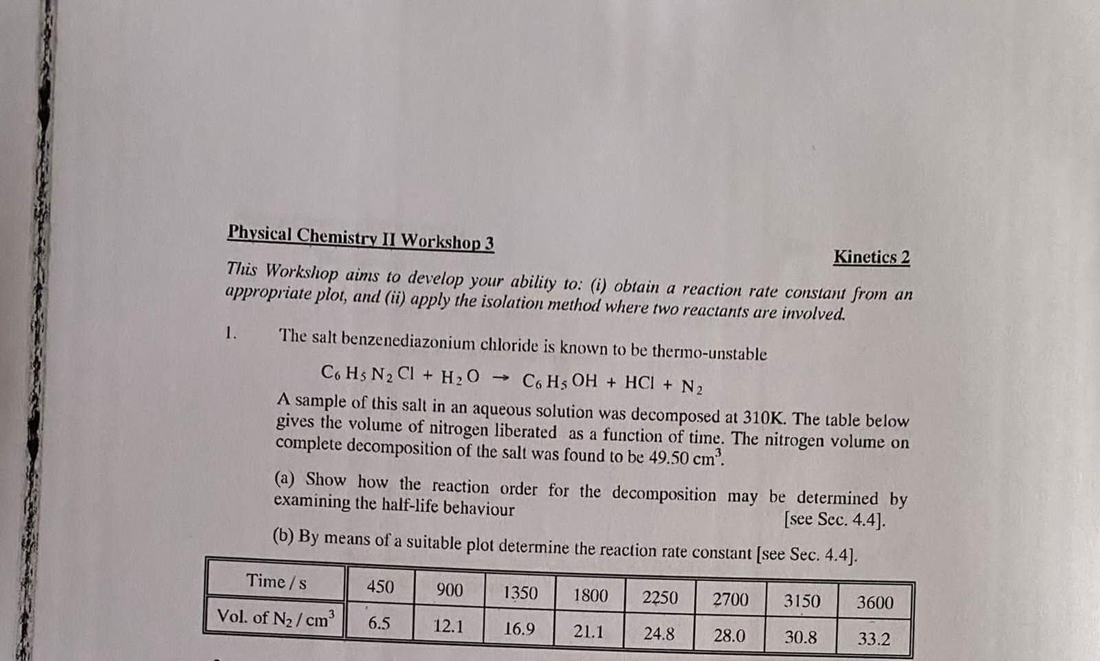 Physical Chemistry II Workshop 3 Kinetics 2 This | Chegg.com