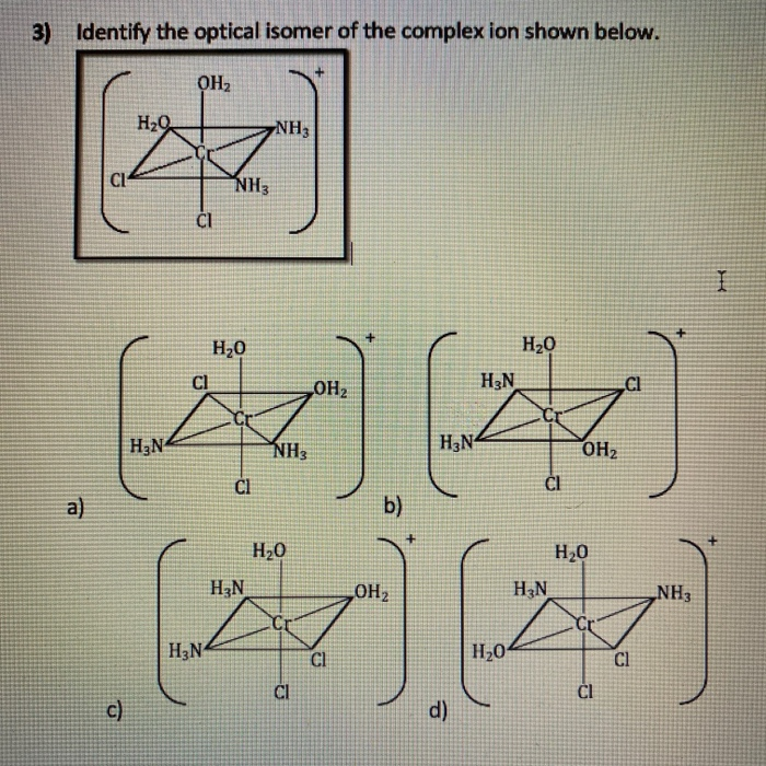 Solved 3) Identify the optical isomer of the complex ion | Chegg.com
