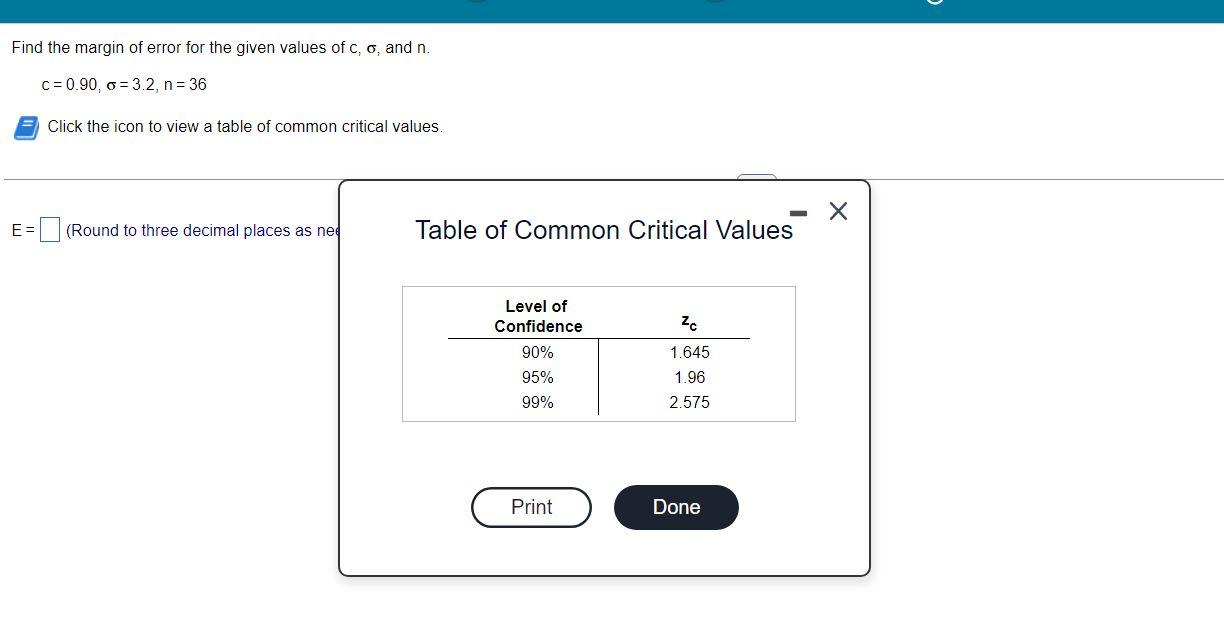 Solved Find the margin of error for the given values of c,σ, | Chegg.com