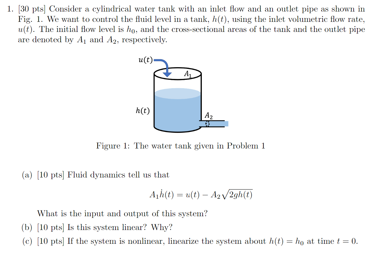 Solved 1. [30 pts] Consider a cylindrical water tank with an | Chegg.com