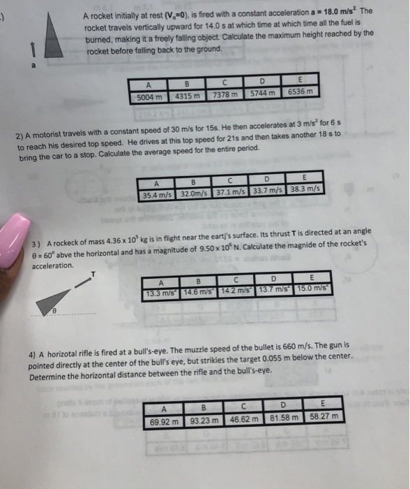 Solved A rocket initially at rest (Vo#0), is fired with a | Chegg.com