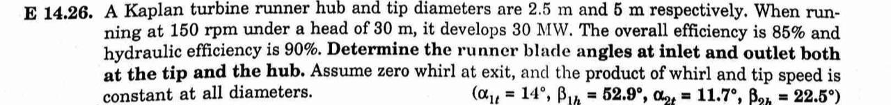 Solved E 14.26. A Kaplan turbine runner hub and tip | Chegg.com