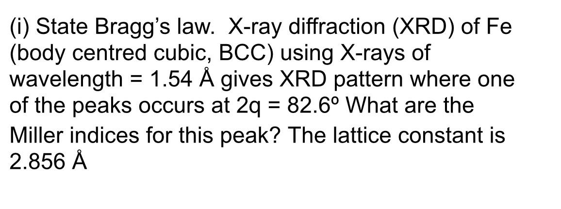 Solved (i) State Bragg's law. X-ray diffraction (XRD) of Fe | Chegg.com
