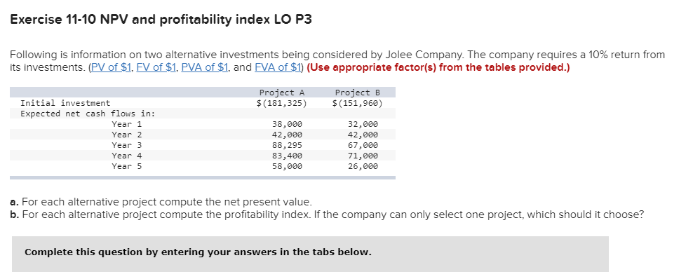 Solved Exercise 11-10 NPV and profitability index LO P3 | Chegg.com