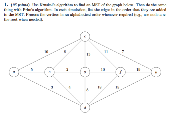Solved 1. (25 points) Use Kruskal's algorithm to find an MST | Chegg.com