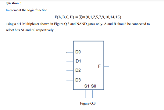 Solved Question 3 Implement the logic function F(A, B, C, D) | Chegg.com