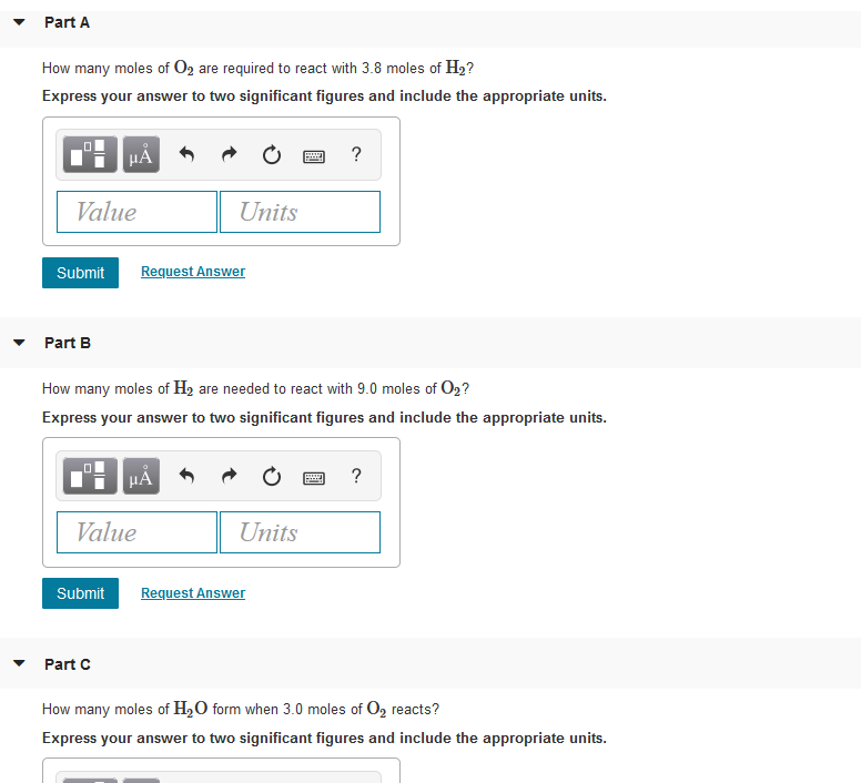 Solved Part A How many moles of O2 are required to react | Chegg.com