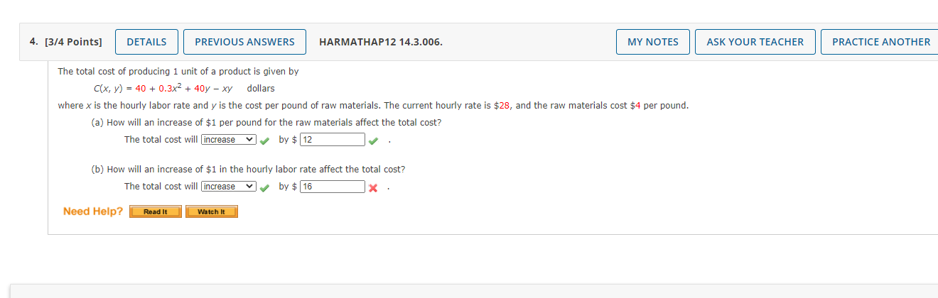 Solved 4. [3/4 Points] DETAILS PREVIOUS ANSWERS HARMATHAP12 | Chegg.com