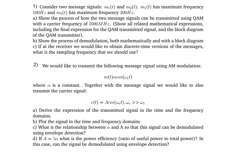 1) Consider two message signals: mi(t) and mz(t). | Chegg.com