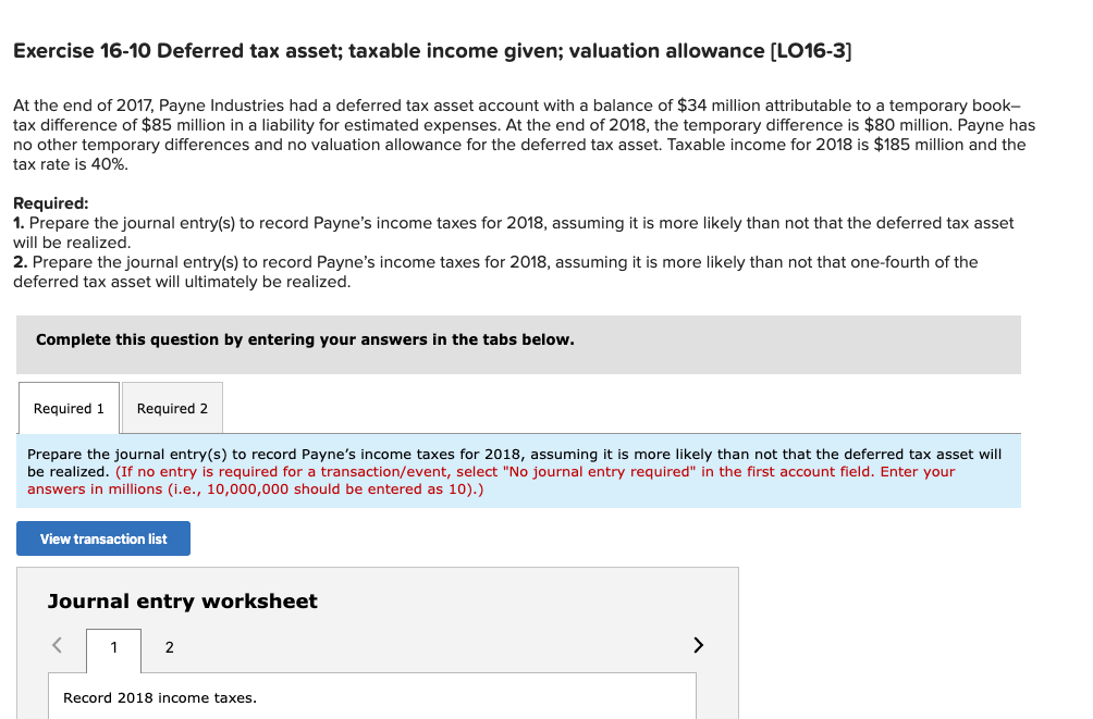 Solved Exercise 16-10 Deferred tax asset; taxable income | Chegg.com