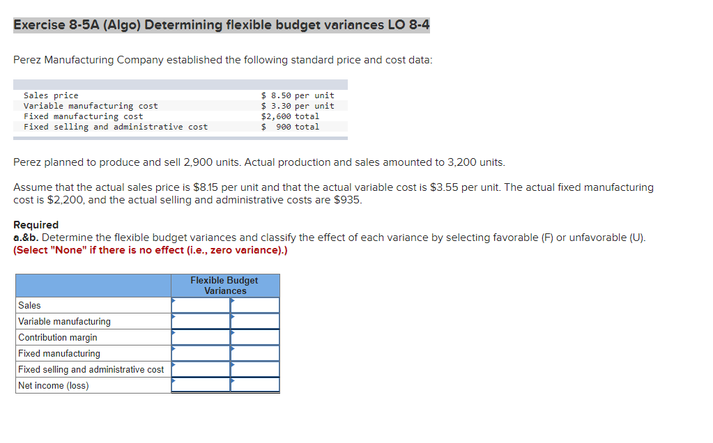 Solved Exercise 8-5A (Algo) Determining flexible budget | Chegg.com