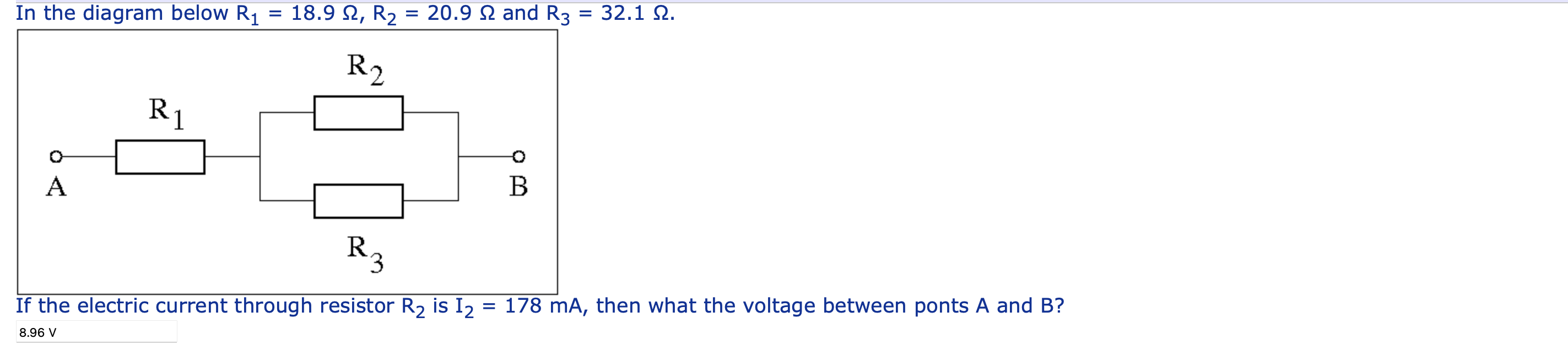 Solved In the diagram below R1=18.9Ω,R2=20.9Ω and R3=32.1Ω. | Chegg.com