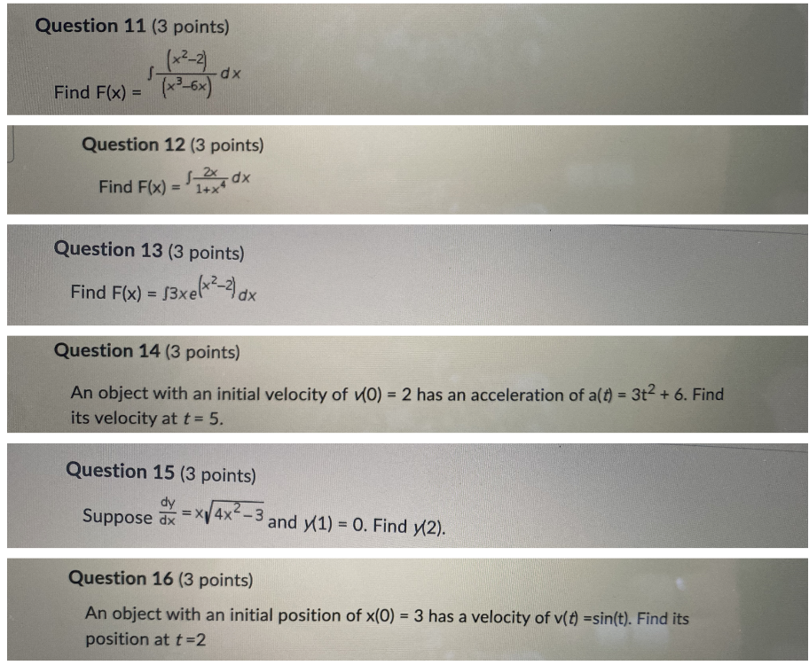 Solved Question 11 (3 points) (x2-2) S Find F(x) = (x36x) dx | Chegg.com Solved Question 11 (3 points) (x2-2) S Find F(x) = (x36x) dx | Chegg.com