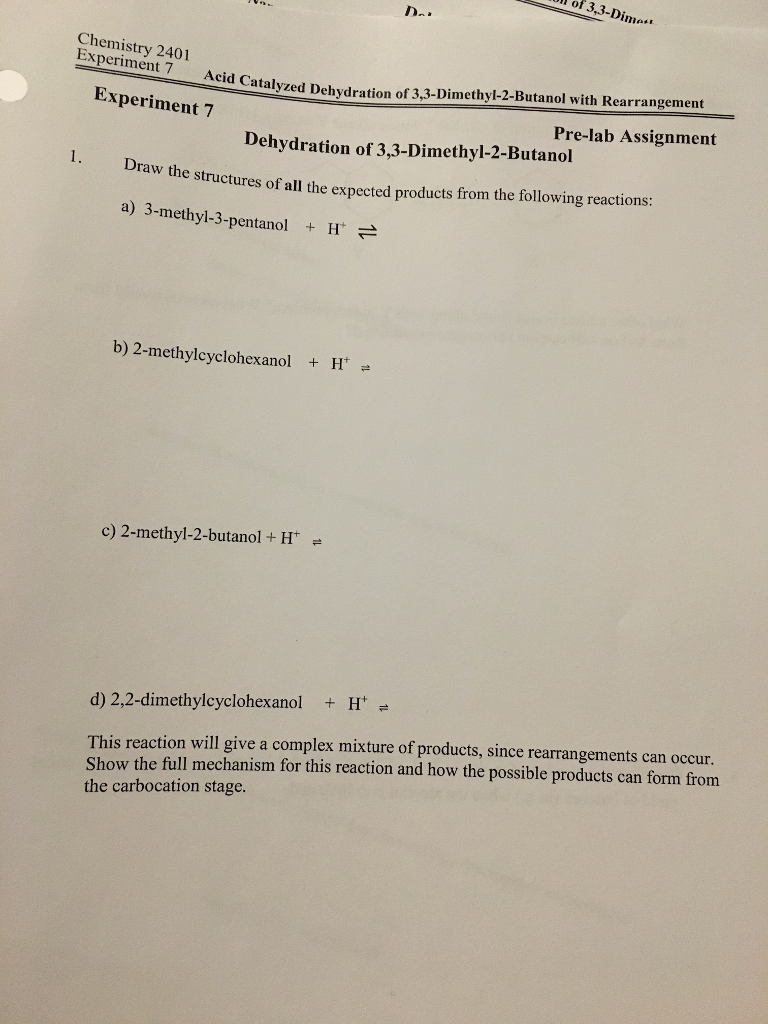 Solved of 3,3-Dime Chemistry 2401 cid Catalyzed Dehydration | Chegg.com