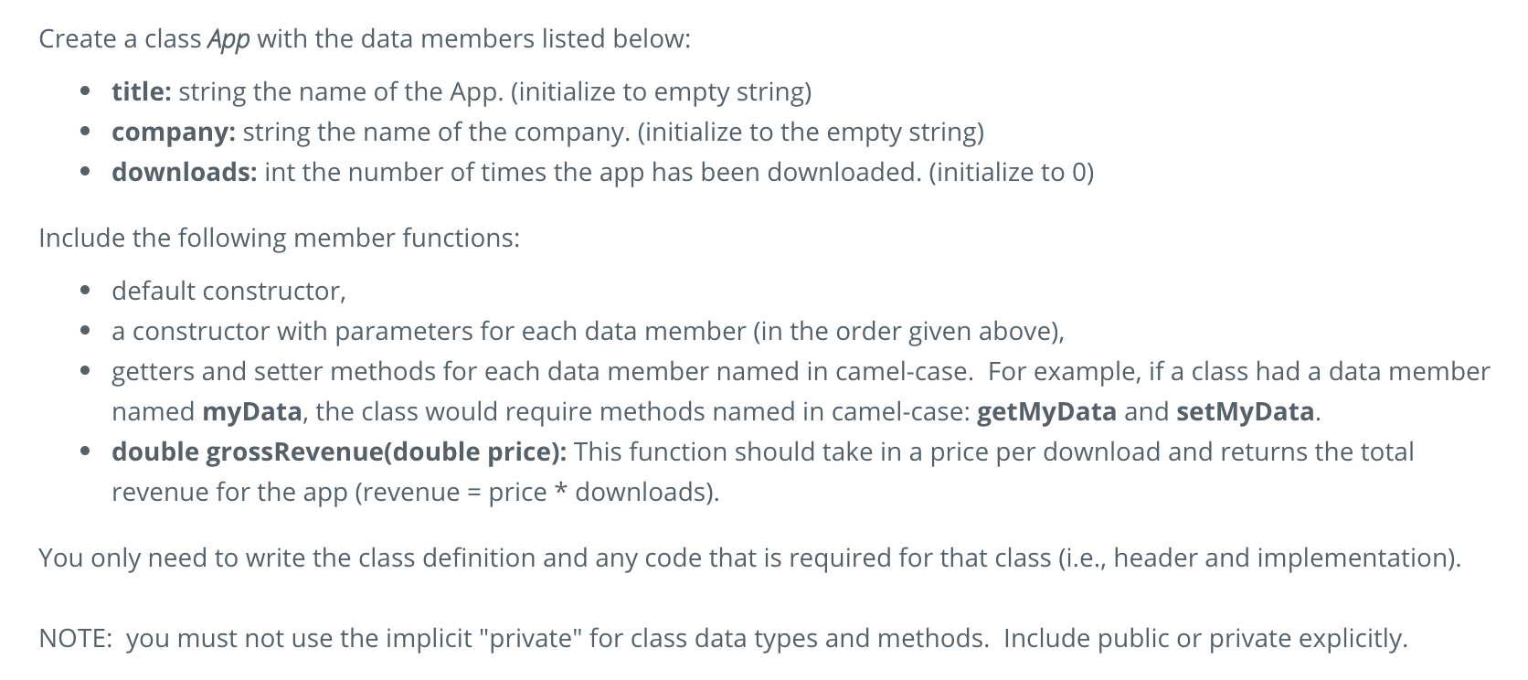 Solved Create a class App with the data members listed | Chegg.com
