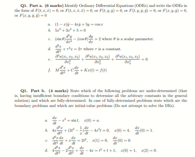 Solved Q1. Part a. (6 marks) Identify Ordinary Differential | Chegg.com