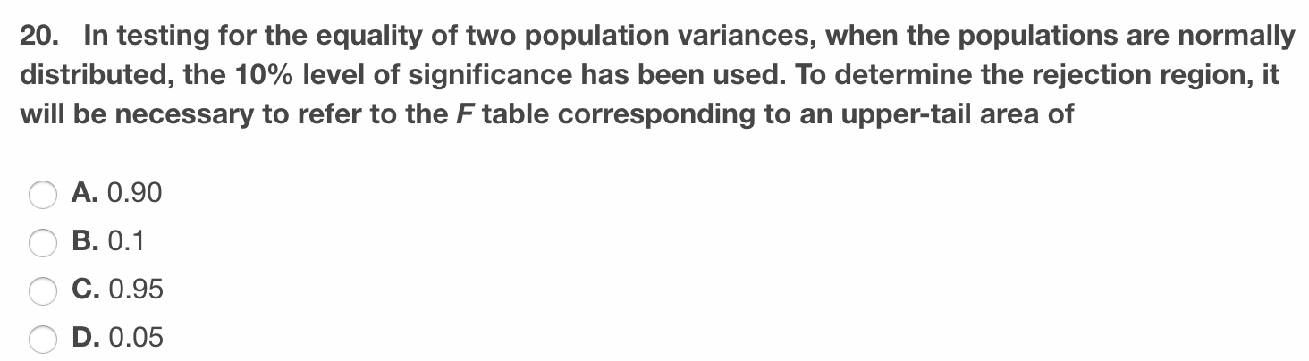 Solved 20. In testing for the equality of two population | Chegg.com