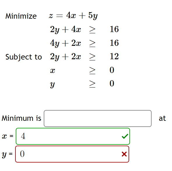 Solved 16 Minimize z = 4x + 5y 2y + 4x > 4y + 2x > Subject | Chegg.com