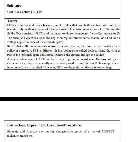 Solved Software: OrCAD Capture CIS Lite Theory: FETs are | Chegg.com