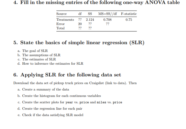 Solved 4. Fill in the missing entries of the following | Chegg.com