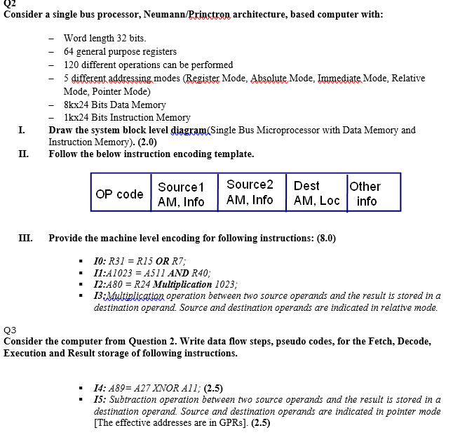 Q2 Consider a single bus processor, Neumann/Princtron | Chegg.com