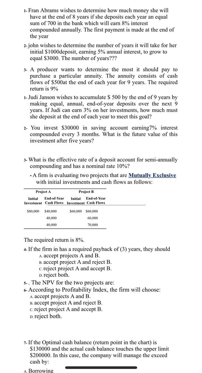 Solved 7- If the Optimal cash balance (return point in the | Chegg.com