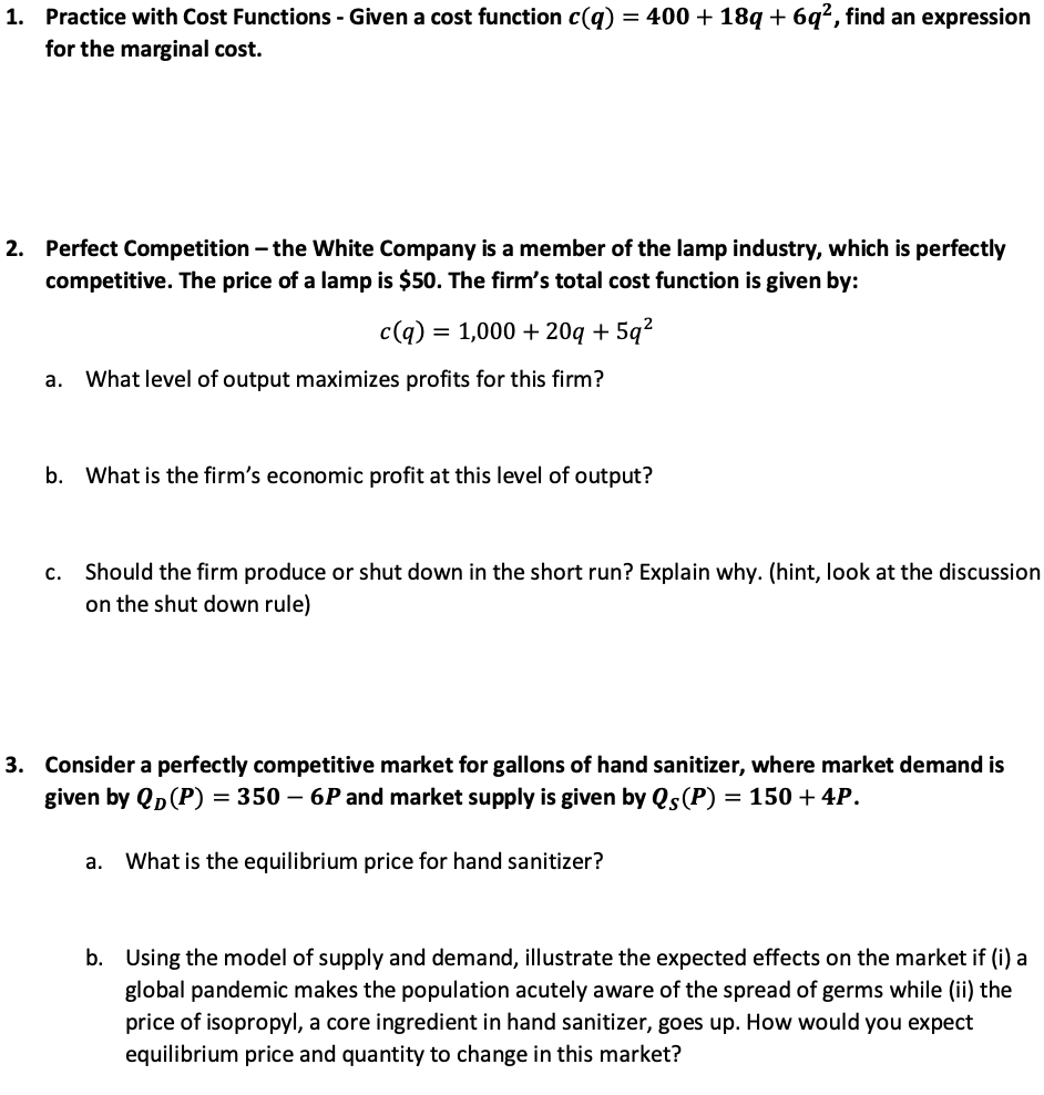 Solved Practice with Cost Functions - Given a cost function | Chegg.com