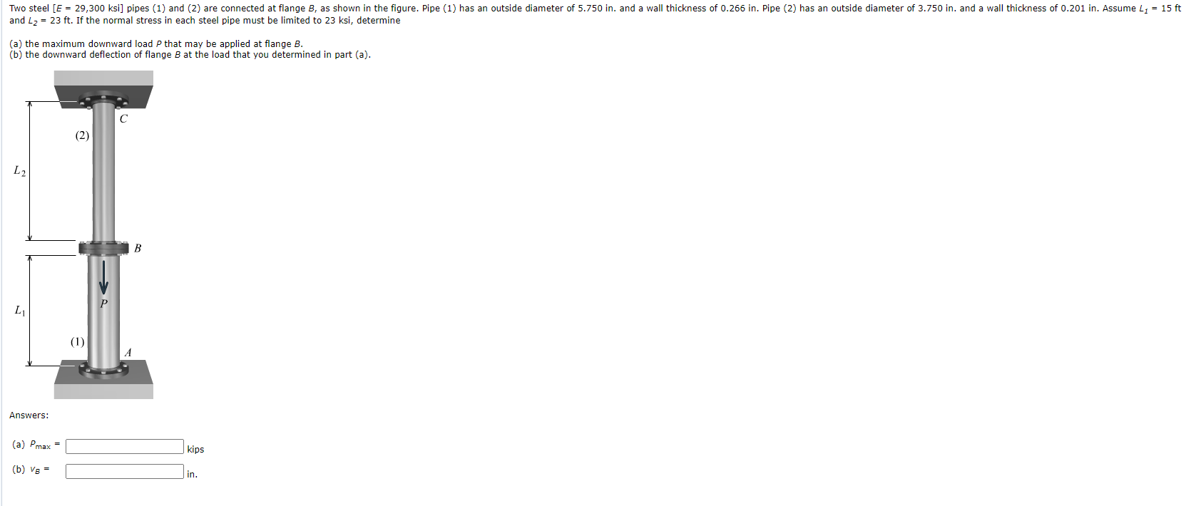 Solved Two steel [E = 29,300 ksi) pipes (1) and (2) are | Chegg.com