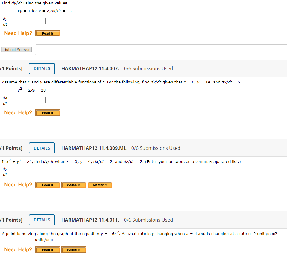 Solved Find dy/dt using the given values. xy = 1 for x = | Chegg.com