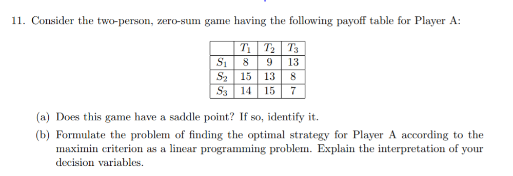 Solved zero-sum game having the following payoff table for | Chegg.com