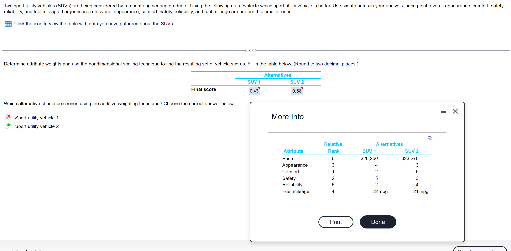 Solved reliability, and fuel mileage. Larger scores on | Chegg.com