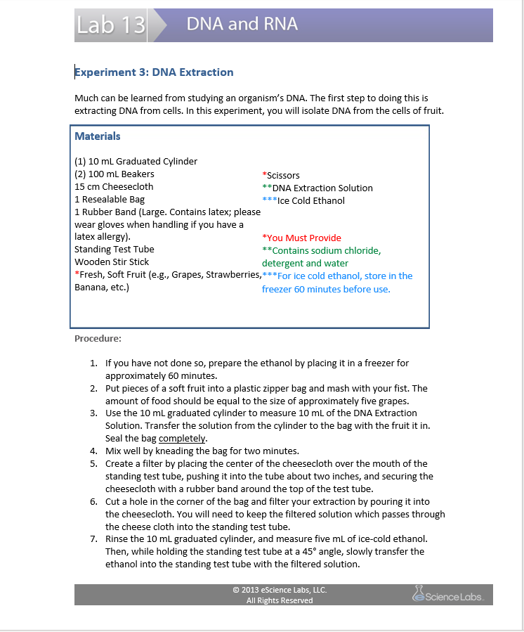 Solved ab 13DNA and RNA xperiment 3: DNA Extraction Much can | Chegg.com