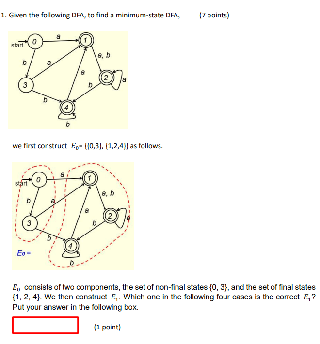 Solved 1. Given the following DFA, to find a minimum-state | Chegg.com