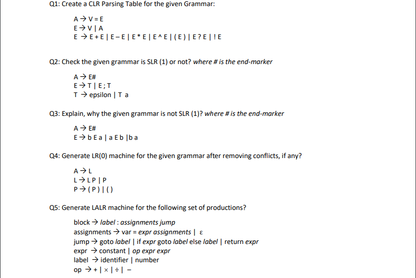 Solved Q1: Create a CLR Parsing Table for the given Grammar: | Chegg.com