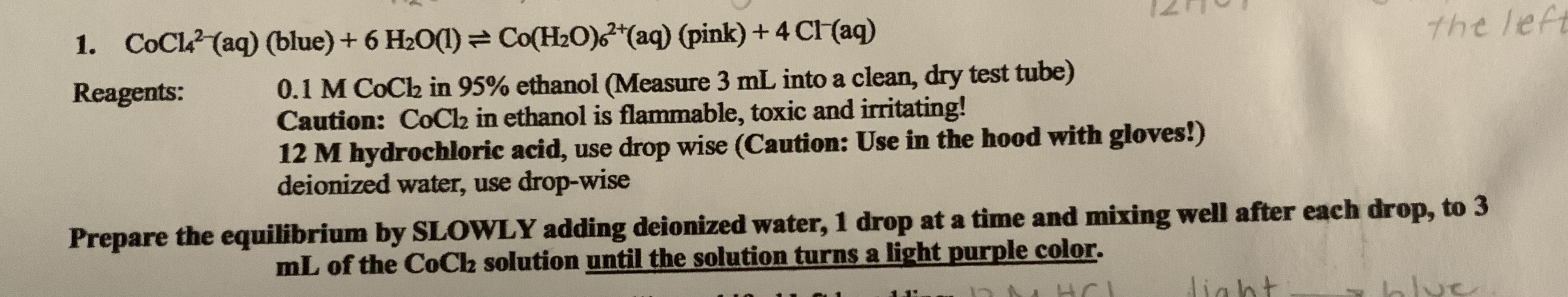 Solved 1. CoCl42−(aq) (blue) +6H2O(l)⇌Co(H2O)62+(aq)( pink | Chegg.com