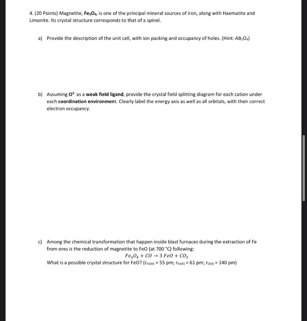 Solved 4.(20 Points) Magnetite, Fe3O4, is one of the | Chegg.com