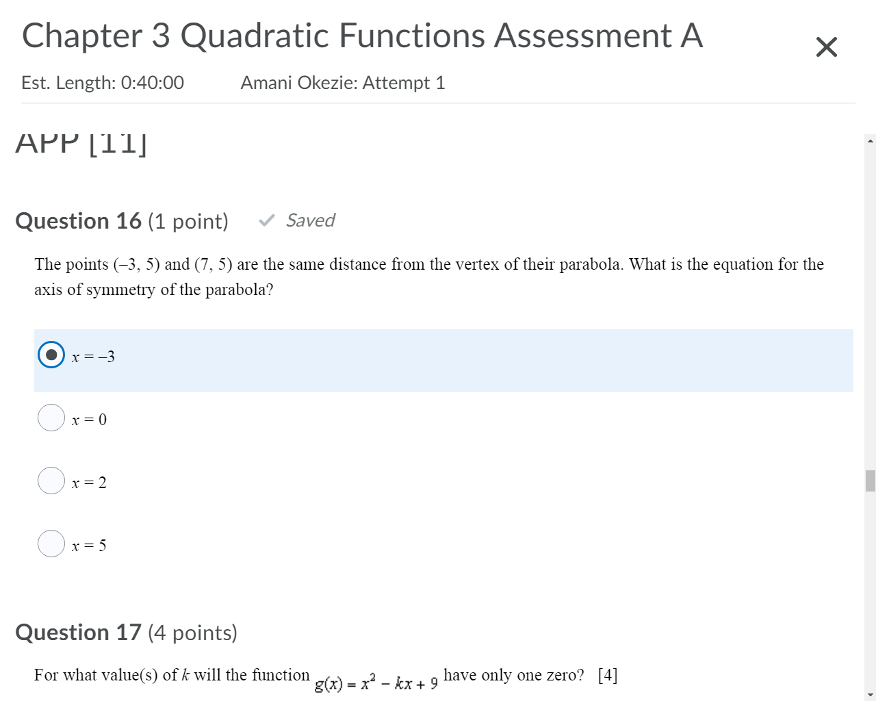 Solved Chapter 3 Quadratic Functions Assessment A Х Est. | Chegg.com