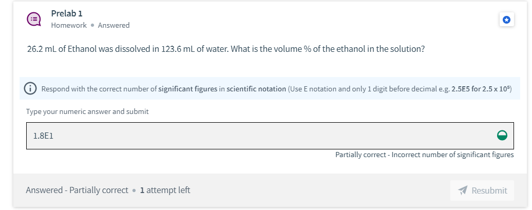 Solved (:) Prelab 1 Homework a Answered 26.2 mL of Ethanol | Chegg.com
