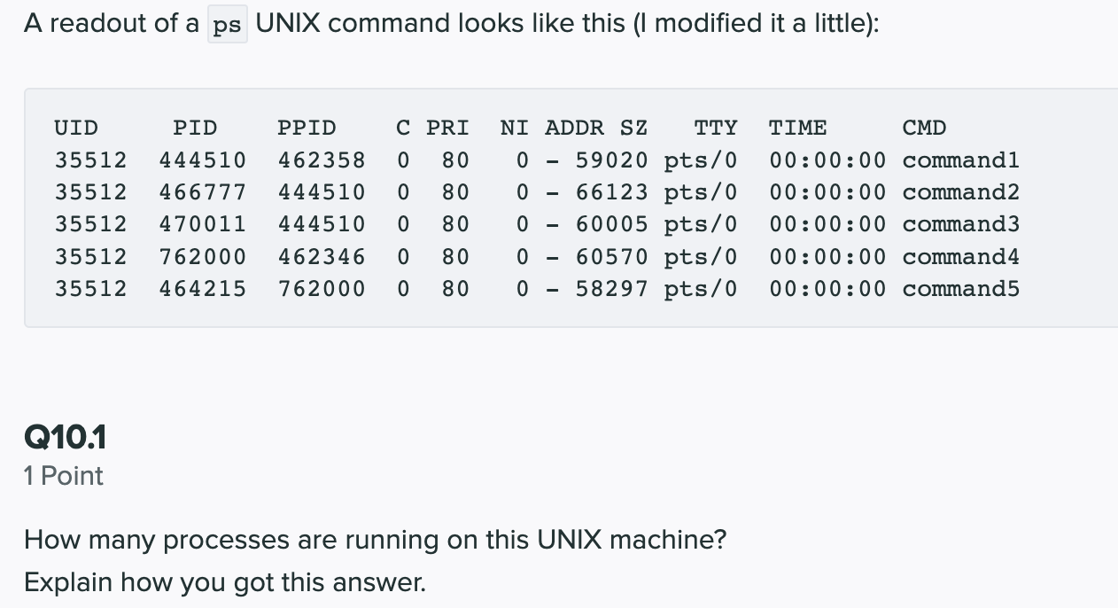 Solved A readout of a ps UNIX command looks like this (I | Chegg.com