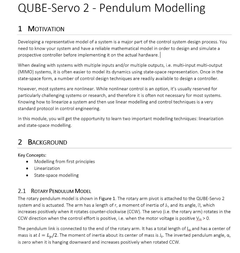 QUBE-Servo 2 - Pendulum Modelling 1 MOTIVATION | Chegg.com