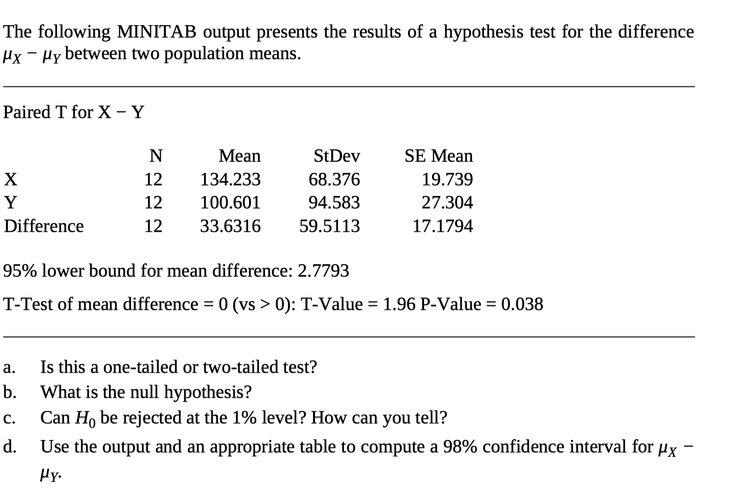 Solved The following MINITAB output presents the results of | Chegg.com
