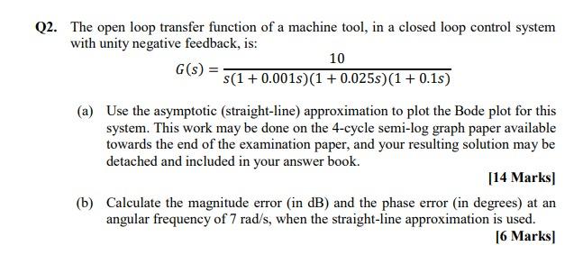 Solved 10 Q2. The open loop transfer function of a machine | Chegg.com