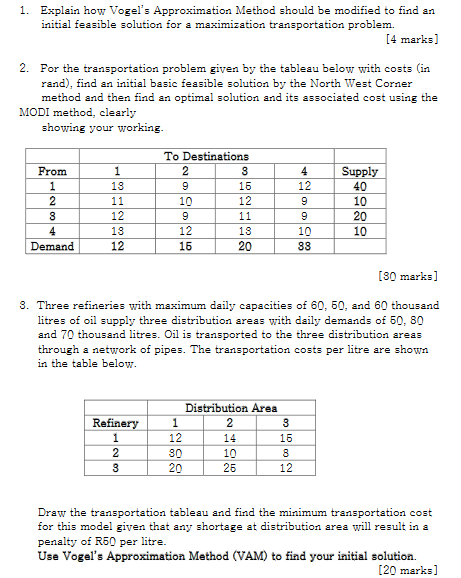 Solved 1. Explain how Vogel's Approximation Method should be | Chegg.com