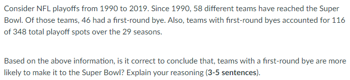 Solved Consider NFL playoffs from 1990 to 2019 . Since | Chegg.com