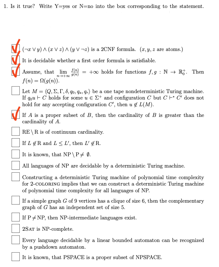 Solved Is it true? Write Y= ﻿yes or N= ﻿no into the box | Chegg.com