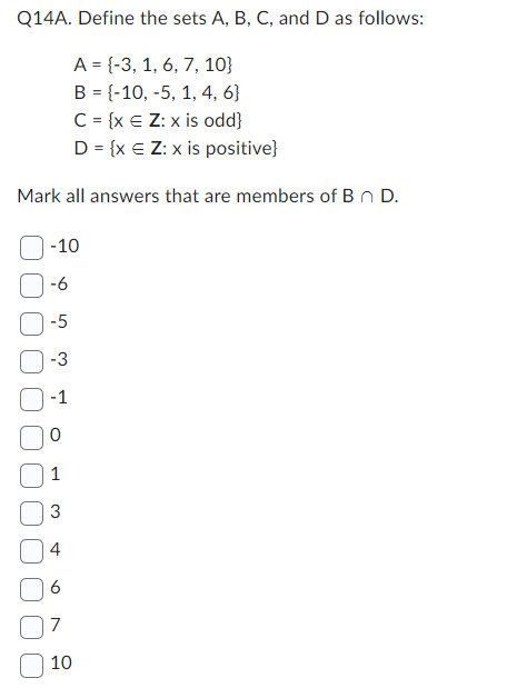 Solved Q14A. Define the sets A, B, C, and D as follows: \\[ | Chegg.com