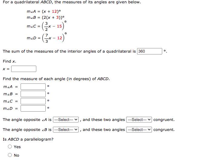 Solved For a quadrilateral ABCD, the measures of its angles | Chegg.com
