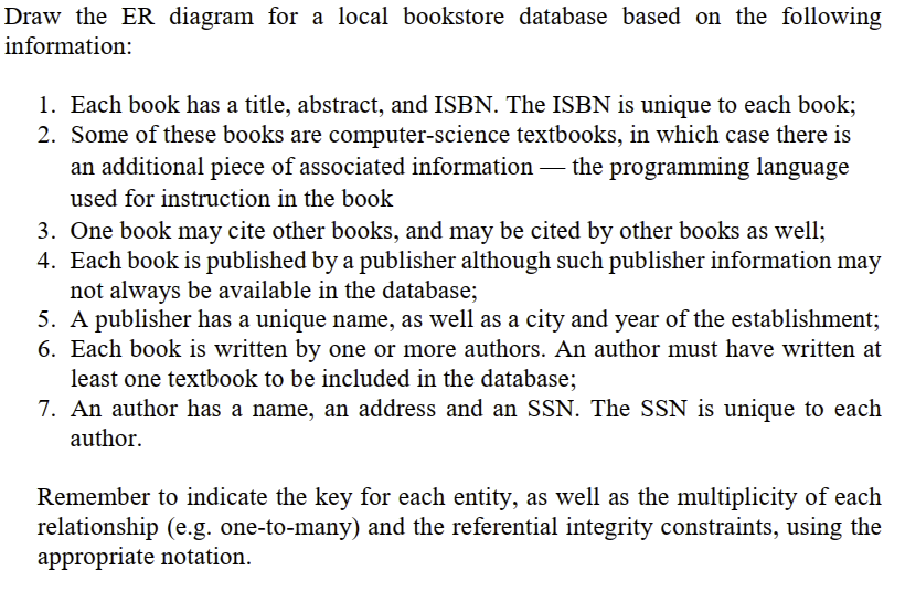 Solved Draw the ER diagram for a local bookstore database | Chegg.com